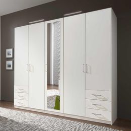 Pharao24.de Kleiderschrank wei&szlig; Spiegel mit sechs Schubladen 225 cm breit