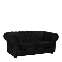 Pharao24.de Zweier Sofa Leder schwarz im Chesterfield Look Vierfu&szlig;gestell aus Holz
