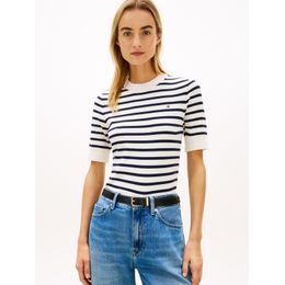 Kurzarmpullover Tommy Hilfiger "CO JERSEY FINE GG C-NK SS SWT", Damen, Gr. L (42/44), ivory petal, schwarz n navy stp, Feinstrick, Obermaterial: 67% Baumwolle, 33% Polyamid, gestreift, regular fit normal, Rundhals, eingesetzt gerader Abschluss, Pullover, Baumwollmischung, Regular Fit