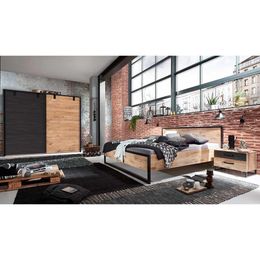 Pharao24.de Schlafzimmer Set Industriestil in Plankeneiche Holzoptik Schwarzgrau (vierteilig)