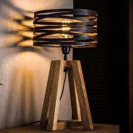 Pharao24.de Tischlampe in Dunkelgrau und Holz Naturfarben Massivholz und Metall