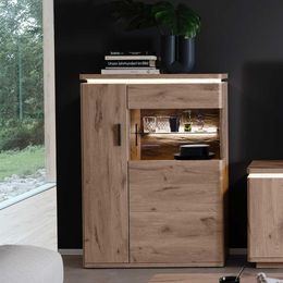 Pharao24.de Highboard mit Glast&uuml;r und LED Beleuchtung Wildeichefarben