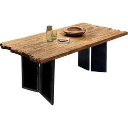 Esstisch Sit, beige (natur, schwarz, schwarz, natur), B:200cm H:77cm T:100cm, recyceltes Teak, Metall, Tische, Esstisch, mit Bruchkante an den kurzen Seiten