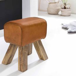 Pharao24.de Retro Sitzhocker in Braun Leder Holzbeine