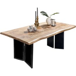 Baumkantentisch Sit, beige (natur, schwarz, schwarz, natur), B:200cm H:77,6cm T:100cm, Mango massiv, Metall, Tische, mit Baumkante wie gewachsen
