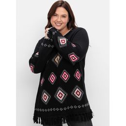 Strickpullover sheego "Strickpullover", Damen, Gr. 40/42, schwarz (schwarz, gemustert), 50% Baumwolle, 50% Polyacryl, ethno, gemustert, mehrfarbig, Pullover Strickpullover