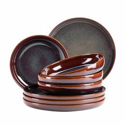 M&auml;ser Tafelservice M&Auml;SER "ELINA UNO, aus Steinzeug", rot (rot, braun), 8 Stk., Steinzeug, Geschirr-Sets, Tafelservice, Teller Set, Geschirr-Set, Service