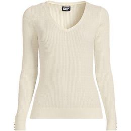 LANDS' END Feinstrick-Zopfmusterpullover mit V-Ausschnitt, Damen,  Wei&szlig;, Baumwolle, by Lands' End