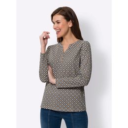 Langarmshirt Heine "Druck-Shirt", Damen, Gr. 34, beige (schwarz, beige, bedruckt), 100% Baumwolle, gemustert, mehrfarbig, Rundhals, Shirts Langarmshirt