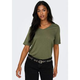 Kurzarmshirt Only "ONLELISE S/S V-NECK TOP JRS NOOS", Damen, Gr. XL, gr&uuml;n (kalamata), Jersey, Obermaterial: 70% Viskose, 30% Polyester, unifarben, regular fit normal, V-Ausschnitt, Shirts