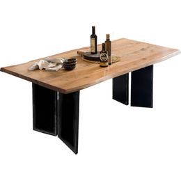 Baumkantentisch Sit, beige (natur, schwarz, schwarz, natur), B:200cm H:75,6cm T:100cm, Akazie massiv, Metall, Tische, gebeizt, lackiert und gewachst