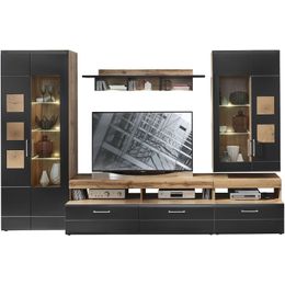 Wohnwand Innostyle "Sonate", schwarz (absetzung hirnholz nb, eiche altholz nb), B:330cm H:208cm T:52cm, Glas, Holzwerkstoff, Kastenm&ouml;bel-Sets, Wohnwand, inkl. LED-Beleuchtung