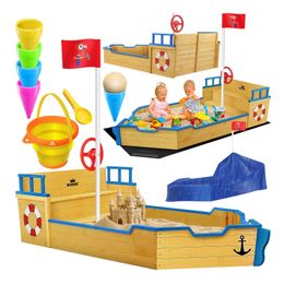 Kidiz&reg; Sandkasten Ahoi - Piratenschiff Boot Segelschiff aus Holz Inkl. Abdeckung, Bodenplane, Sitzbank, Flaggenmast, Sandspielzeug Gro&szlig;e Kinder Sandkiste f&uuml;r den Garten Outdoor Sandbox