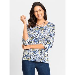 WITT Damen Rundhalsshirt mit Blumen-Druck, ecru-jeansblau-bedruckt, Gr&ouml;&szlig;e 36