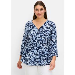 sheego Gro&szlig;e Gr&ouml;&szlig;en Druckbluse mit 3/4-Trompeten&auml;rmeln, tiefblau-gemustert, Gr&ouml;&szlig;e 52 - Damen