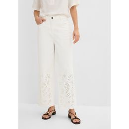 bonprix Wide-Leg-Twillhose High Waist cropped, wei&szlig;, Gr.52, Verk&uuml;rzte Twillhose mit Broidery Anglaise, 98% Baumwolle