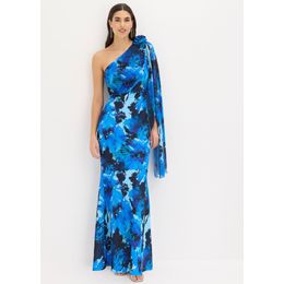 bonprix Abendkleid mit One-Shoulder und Blumen-Applikation, blau, Gr.48, Maxi-Kleid aus strukturiertem Crep&eacute; mit One-Shoulder und Blumen-Appliaktion