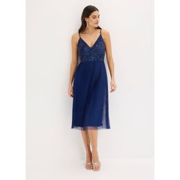 bonprix Midikleid mit Plissee-Rock und Paillettenstickerei, blau, Gr.50, Moder und feminin: Abendkleid mit Faltenrock und gemusterter Paillettenstickerei im Oberteil
