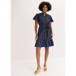 bonprix Jeanskleid aus Bio-Baumwolle, blau, Gr.38, Modisches Jeanskleid mit s&uuml;&szlig;en Raffungen an der Schulter und Volants am Saum., 100% Baumwolle (organic)
