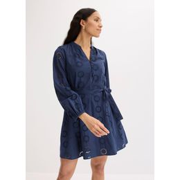bonprix Blusenkleid aus reiner Bio-Baumwolle, blau, Gr.42, Sehr kurzes Kleid mit allover Lochstickerei und Bindeg&uuml;rtel, 100% Baumwolle (organic)