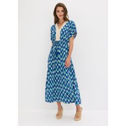 bonprix Maxikleid aus flie&szlig;ender Viskose, blau, Gr.48, bedrucktes Maxikleid aus flie&szlig;ender Viskose mit dekorativer Applikation vorne am Ausschnitt, aus Viskose