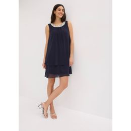bonprix Premium Kleid mit Applikation, blau, Gr.36, Elegantes und kaschierendes Minikleid aus feinem Chiffon mit einer Strasssteinverzierung am Ausschnitt