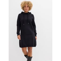 bonprix Sweatkleid aus Baumwoll-Mix, schwarz, Gr.36/38 (S), Lang&auml;rmliges Sweatkleid mit Kapuze und Gummizug, 60% Baumwolle