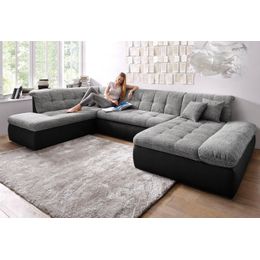 Wohnlandschaft DOMO collection "MORIC 353x216x80 cm, mit viel Platz, U-Form, auch in Cord", grau (schwarz, wei&szlig;, grau), B:353cm H:80cm T:216cm, Microfaser PRIMABELLE / Struktur (90% Polyester/ 10% Polyacryl);Kunstleder SOFTLUX / Struktur (90% Polyester/ 10% Polyacryl), Sofas, Wohnlandschaft, im XXL-Format, wahlweise mit Bettfunktion und Armlehnenverstellung