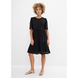 bonprix Shirtkleid, schwarz, Gr.48/50 (XL), Shortkleid mit Lochmuster