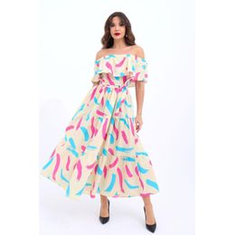 Gekringeltes Off-Shoulder Midi-Kleid mit Muster