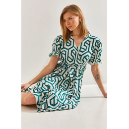 Geometrisches Muster V-Ausschnitt Midikleid mit G&uuml;rtel
