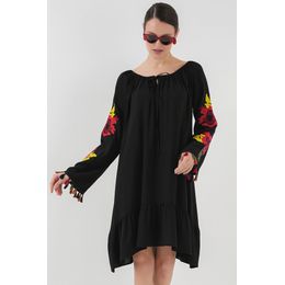 Gesticktes Midikleid mit R&uuml;sche und Bindeschluss