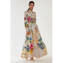 Bedrucktes Maxi-Kleid mit langen &Auml;rmeln und G&uuml;rtel