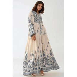 Bedrucktes V-Ausschnitt-Maxi-Kleid mit Knopfdetails