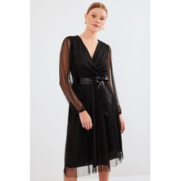 Midi-T&uuml;llkleid mit Schleife und V-Ausschnitt