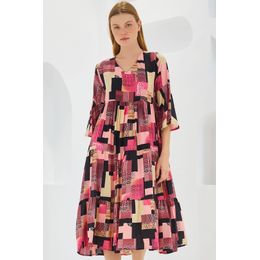 Mustered V-Ausschnitt Midi-Kleid mit kurzen &Auml;rmeln