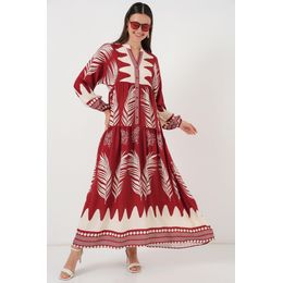 Gemustertes V-Ausschnitt-Maxi-Kleid mit Knopfschluss