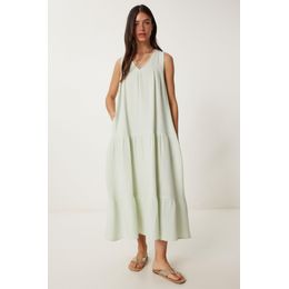 R&uuml;schen V-Ausschnitt Midi-Kleid