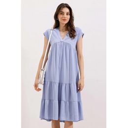 R&uuml;schen V-Ausschnitt Midi-Kleid