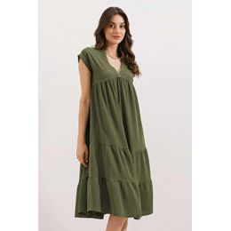 R&uuml;schen V-Ausschnitt Midi-Kleid