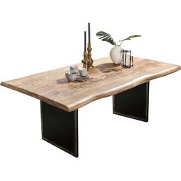 Baumkantentisch Sit, beige (natur, schwarz, schwarz, natur), B:240cm H:77,6cm T:100cm, Mango massiv, Metall, Tische, mit Baumkante wie gewachsen