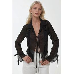 V-Ausschnitt Bluse mit Schleifen-Detail und R&uuml;schen mit langen &Auml;rmeln