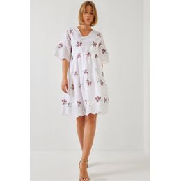 Gesticktes V-Ausschnitt-Midi-Kleid