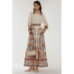 Bedrucktes Maxi-Kleid mit langem Arm und G&uuml;rtel