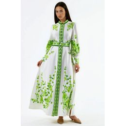Blumiges Langarm-Maxikleid mit G&uuml;rtel und Mandarin-Kragen