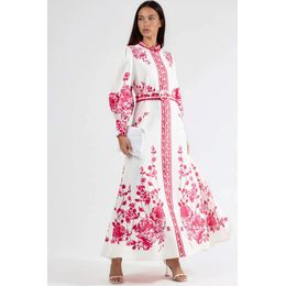 Blumiges Maxi-Kleid mit langen &Auml;rmeln, G&uuml;rtel und Mandarin-Kragen