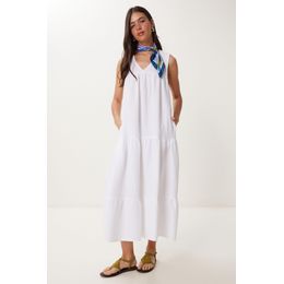R&uuml;schen V-Ausschnitt Midi-Kleid