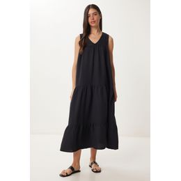 R&uuml;schen V-Ausschnitt Midi-Kleid