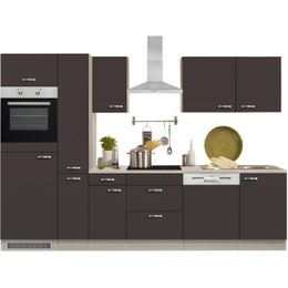 K&uuml;chenzeile Optifit "Faro", grau (k&uuml;che: grau, front: anthrazit, korpus: akaziefarben, arbeitsplatte: akaziefarben), B:300cm T:60cm, Komplettk&uuml;chen-Sets, K&uuml;chenzeile, Breite 300 cm, wahlweise mit E-Ger&auml;ten, mit Apothekerschrank