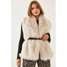 Faux-Fur-Schalkragen-G&uuml;rtelloser &auml;rmelloser Weste